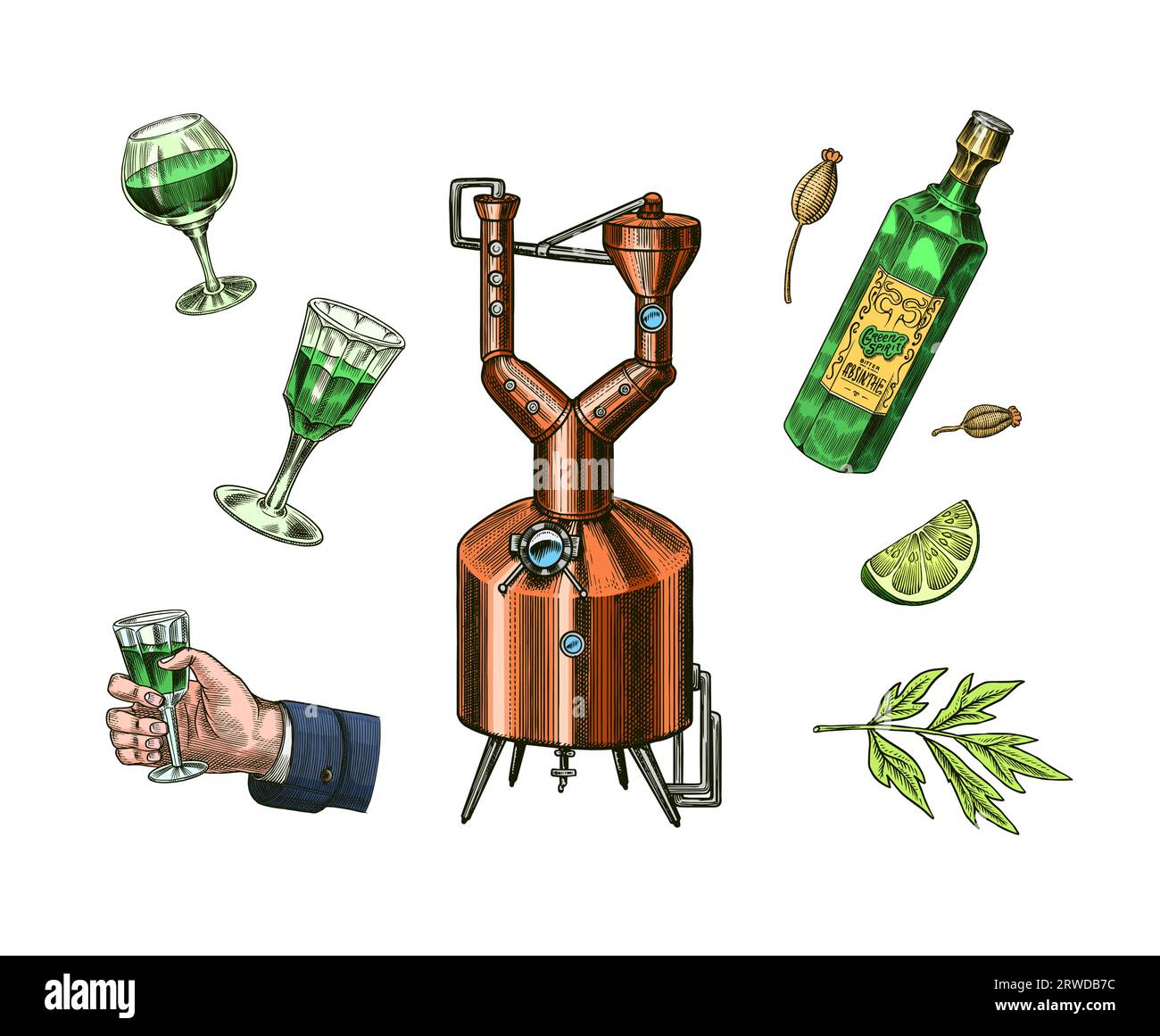 Bottle of Absinthe Glass shot. Woman holding a toast drink. Pot Swan ...