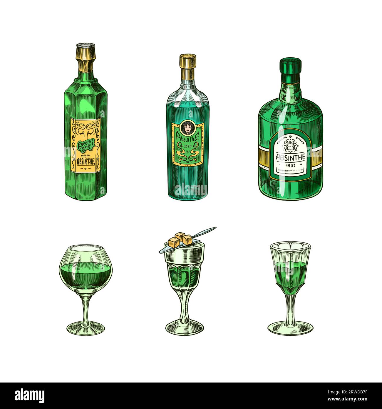 Bottle of Absinthe Glass shot. Woman holding a toast drink. Pot Swan ...