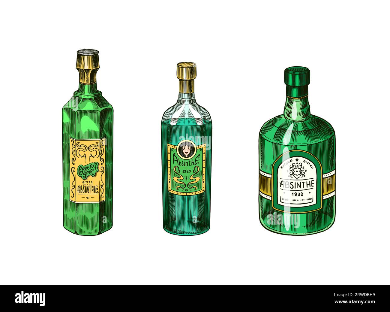 Bottle of Absinthe Glass shot. Woman holding a toast drink. Pot Swan ...