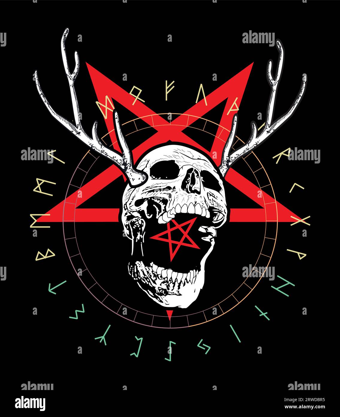 T-shirt design of a skull with elk horns on a demonic red star and ...