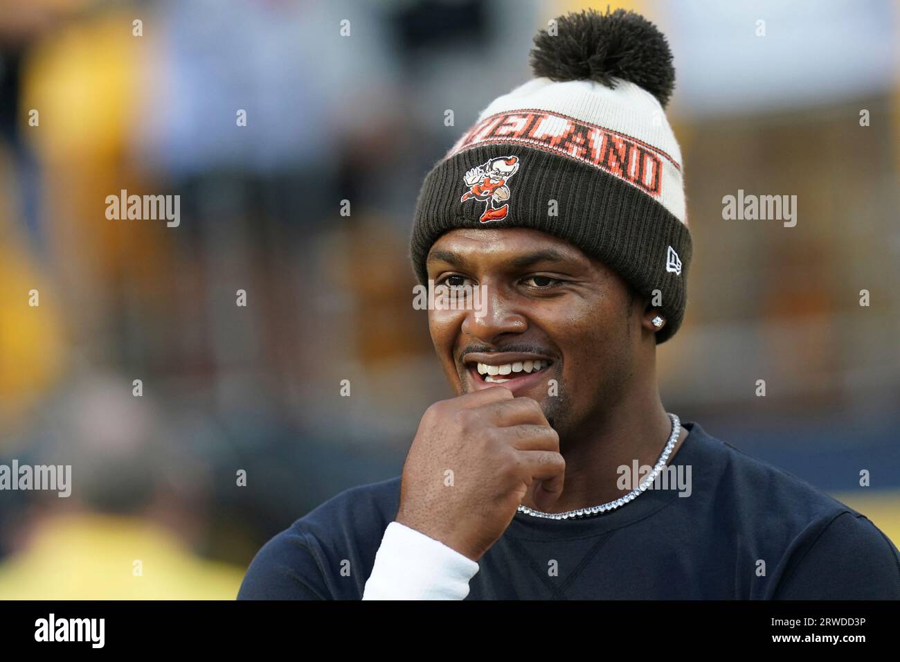 Cleveland Browns quarterback Deshaun Watson smiles on the field before ...