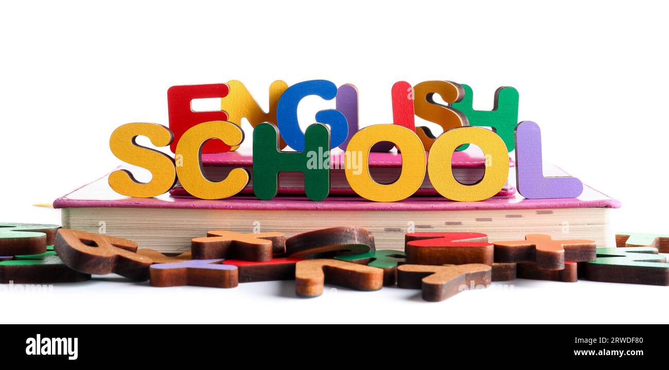 Text ENGLISH SCHOOL with letters and books isolated on white background ...