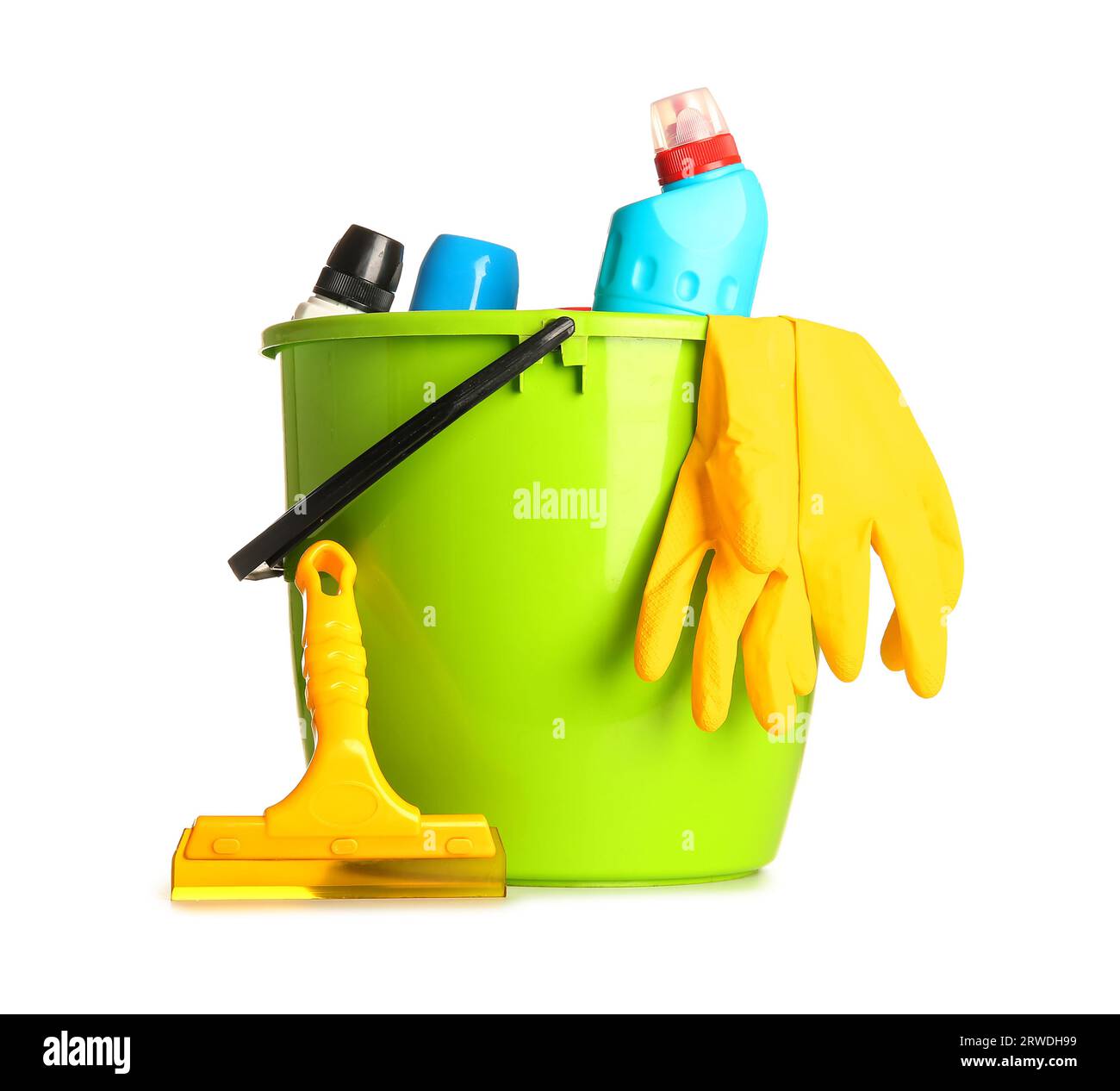 Bucket with cleaning products and gloves on white background Stock ...