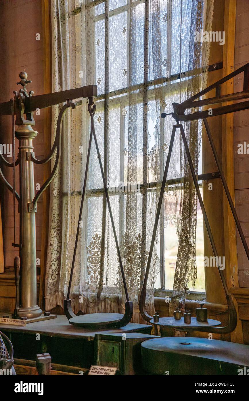 19th century balance scale in a window in the Bodie ghost town in ...