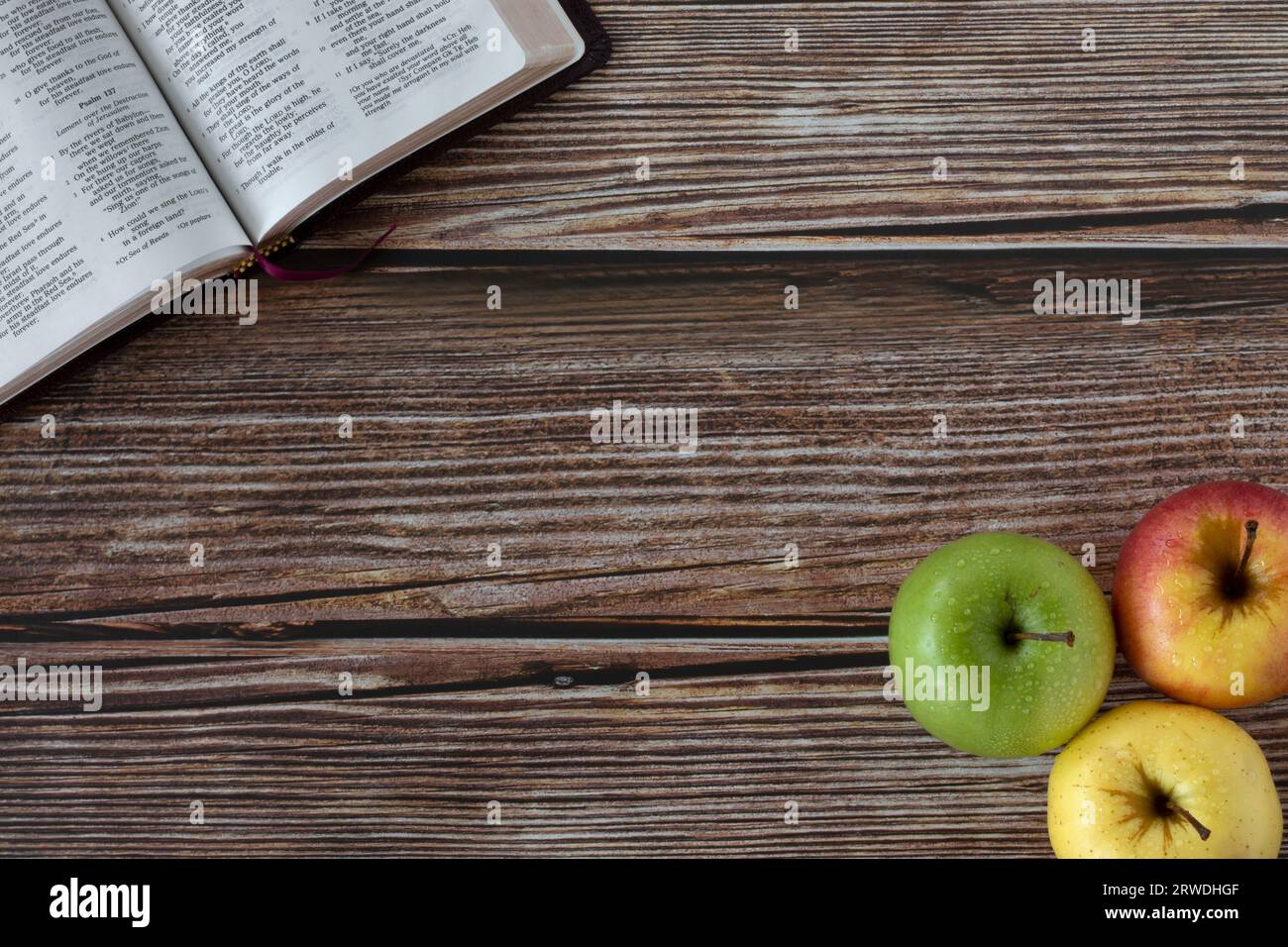 Open Holy Bible Book and three apples in various colors on wooden ...