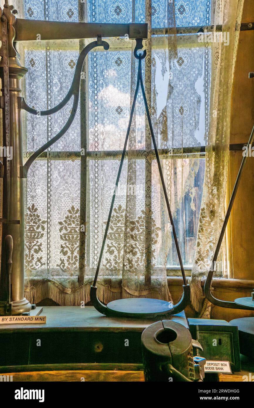 19th century balance scale in a window in the Bodie ghost town in ...