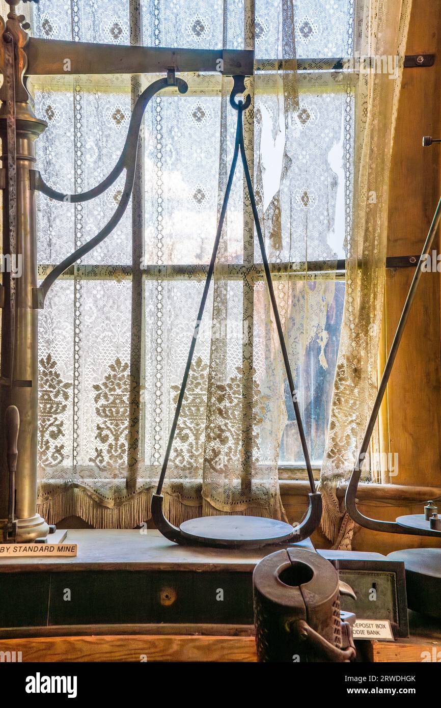 19th century balance scale in a window in the Bodie ghost town in ...