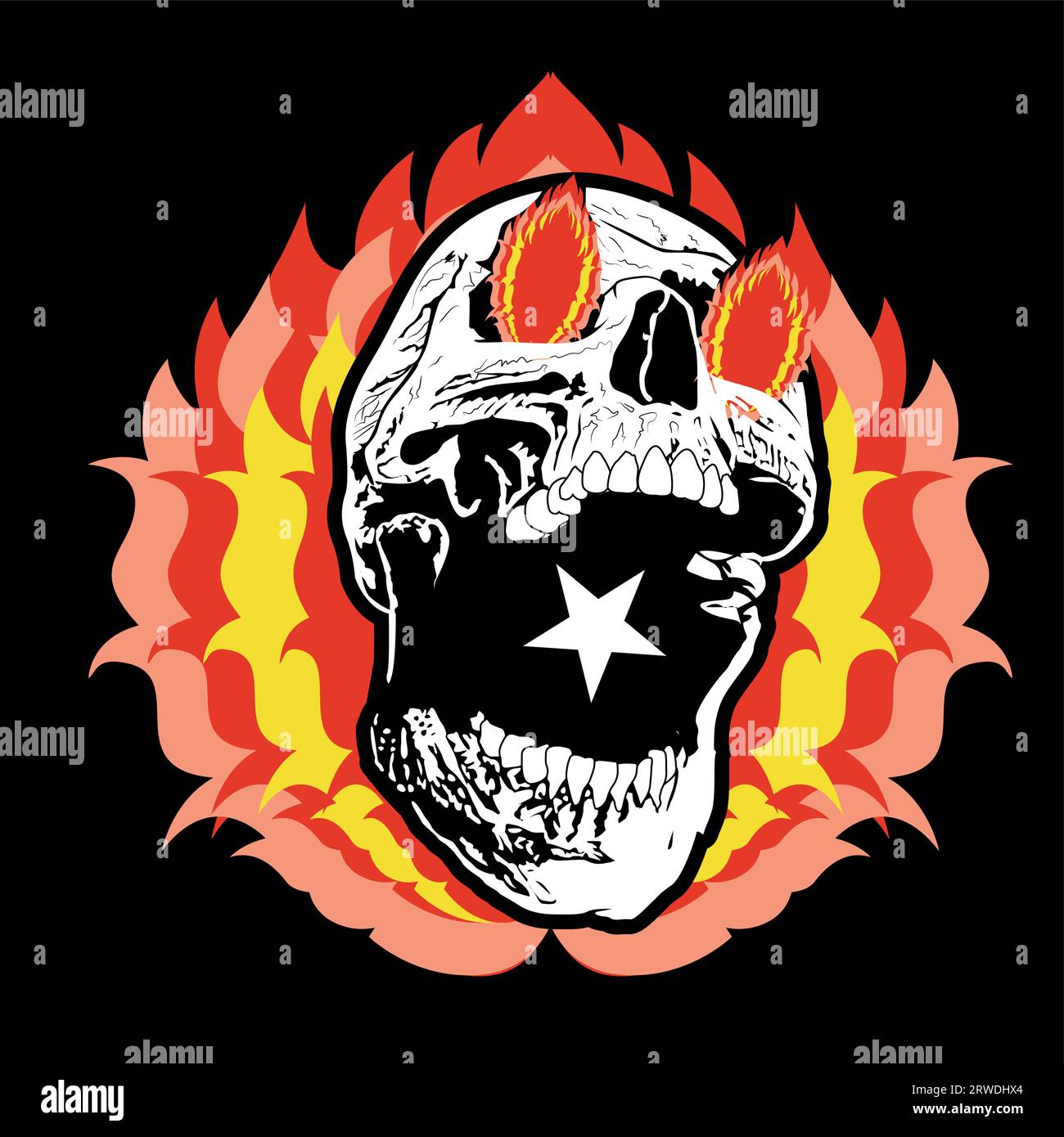 Burning skull t-shirt design isolated on black. Demonic character ...