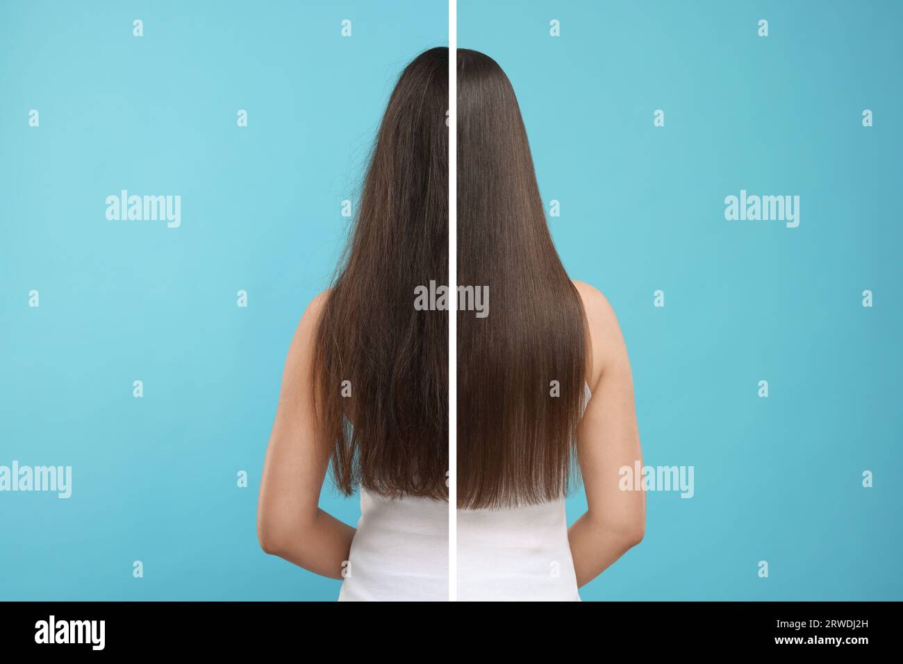 Photo of woman divided into halves before and after hair treatment on ...