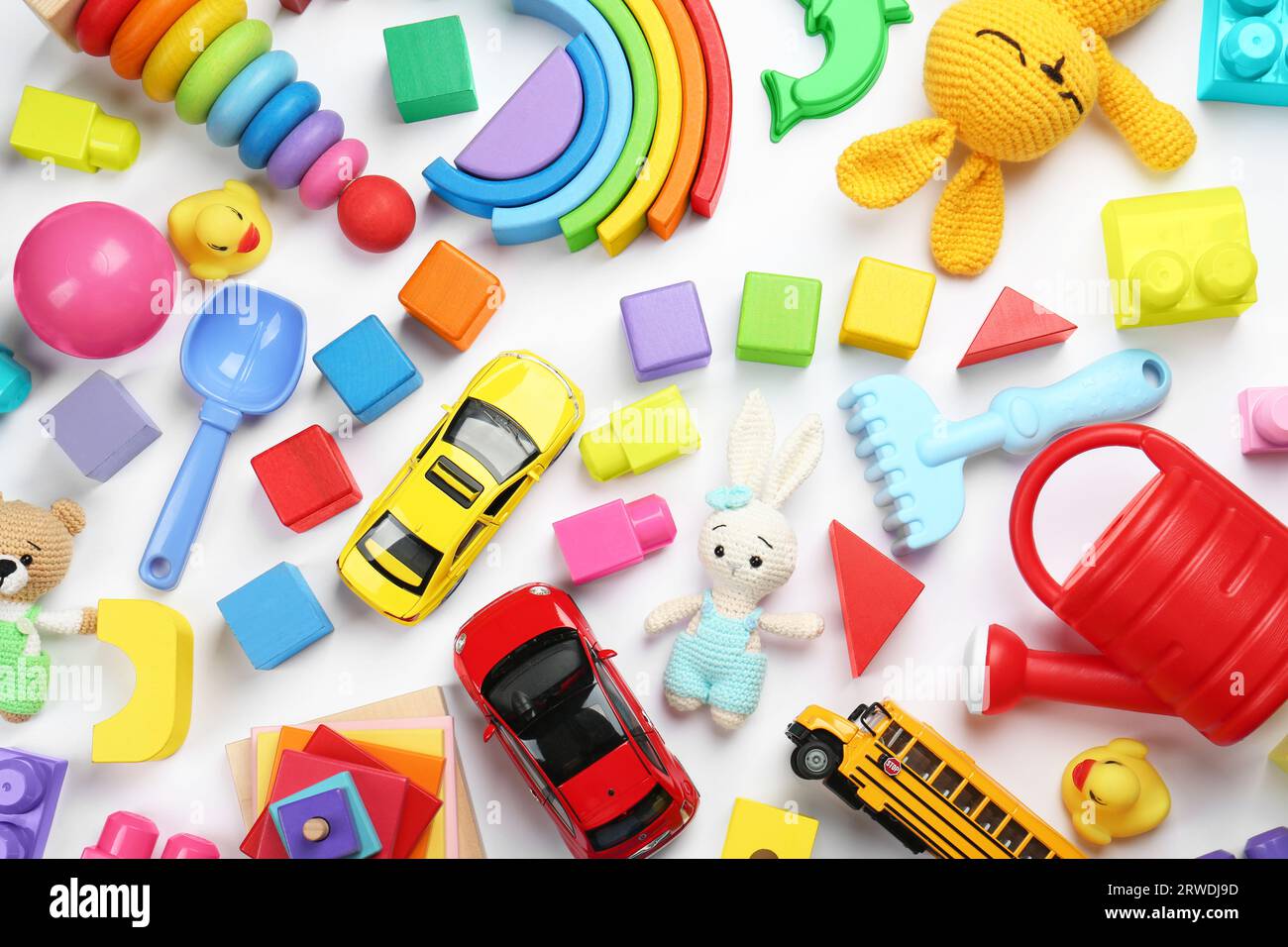 Different children's toys on white background, flat lay Stock Photo - Alamy