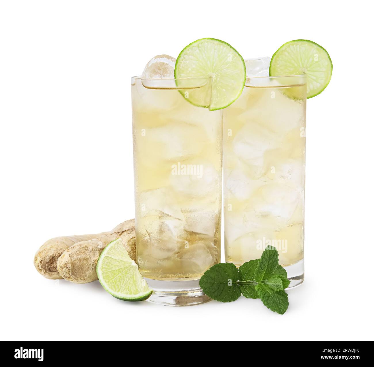 Glasses of tasty ginger ale with ice cubes and ingredients isolated on white Stock Photo - Alamy
