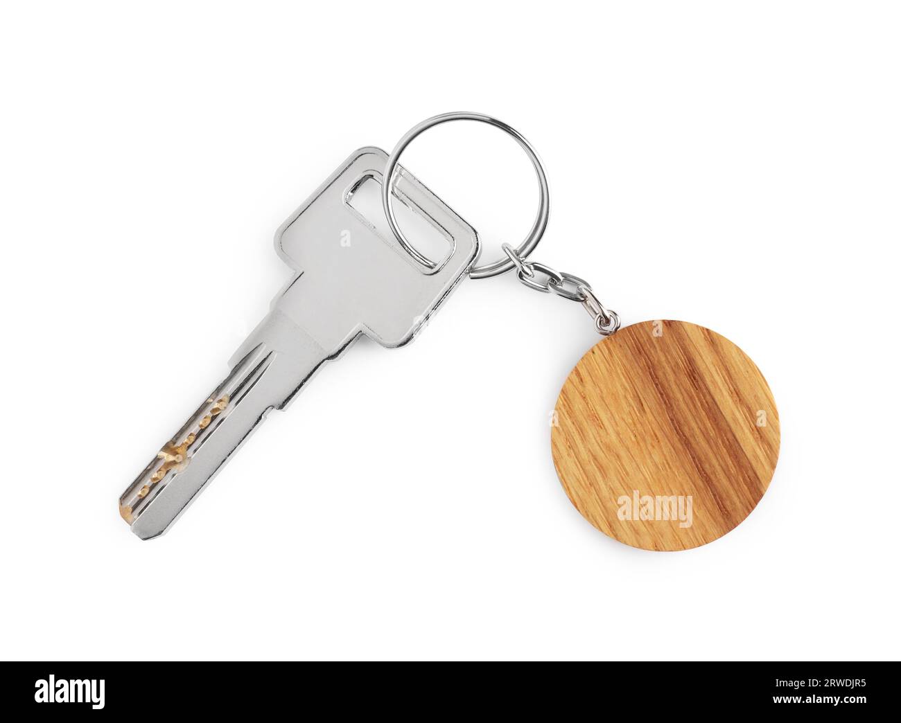 Key with wooden keychain isolated on white, top view Stock Photo - Alamy