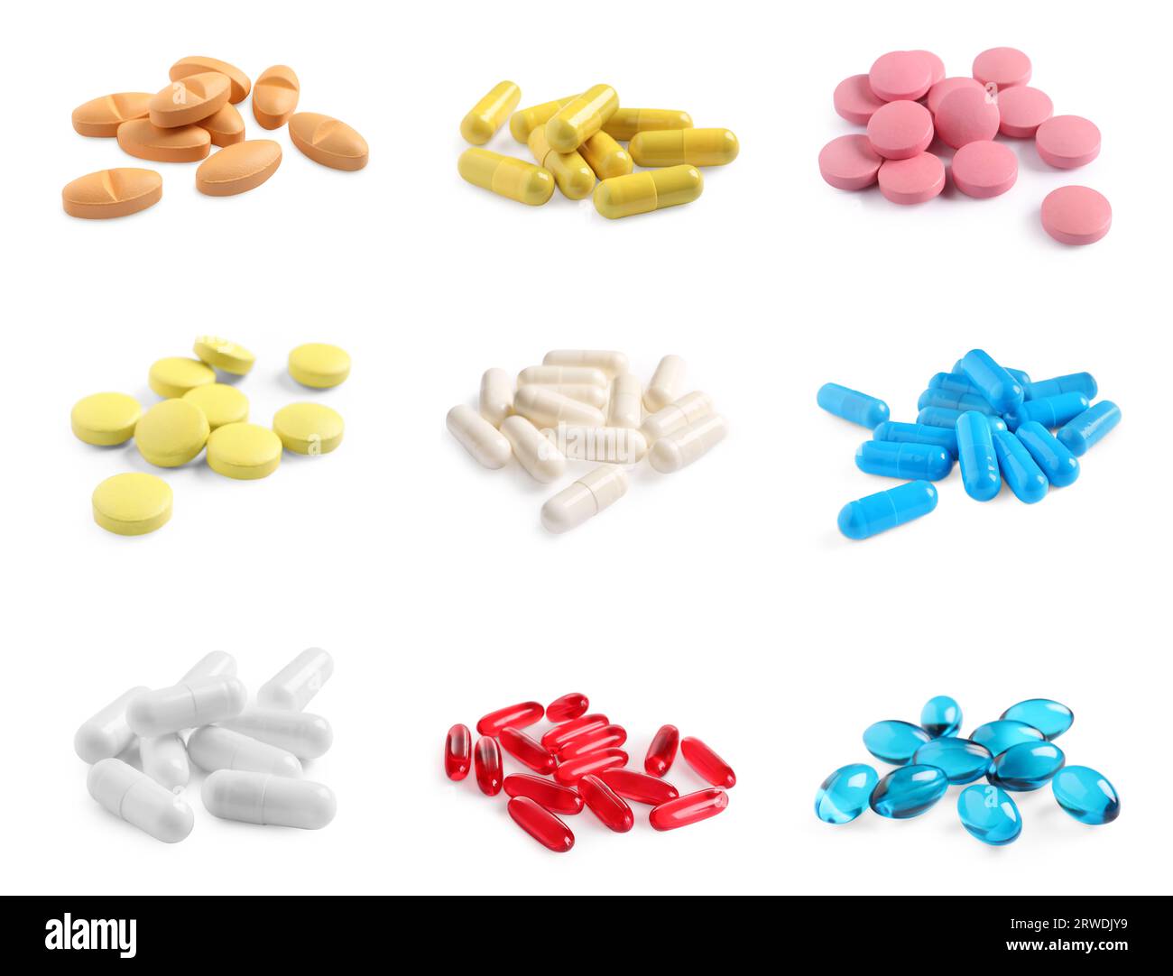 Set with piles of different pills isolated on white Stock Photo - Alamy