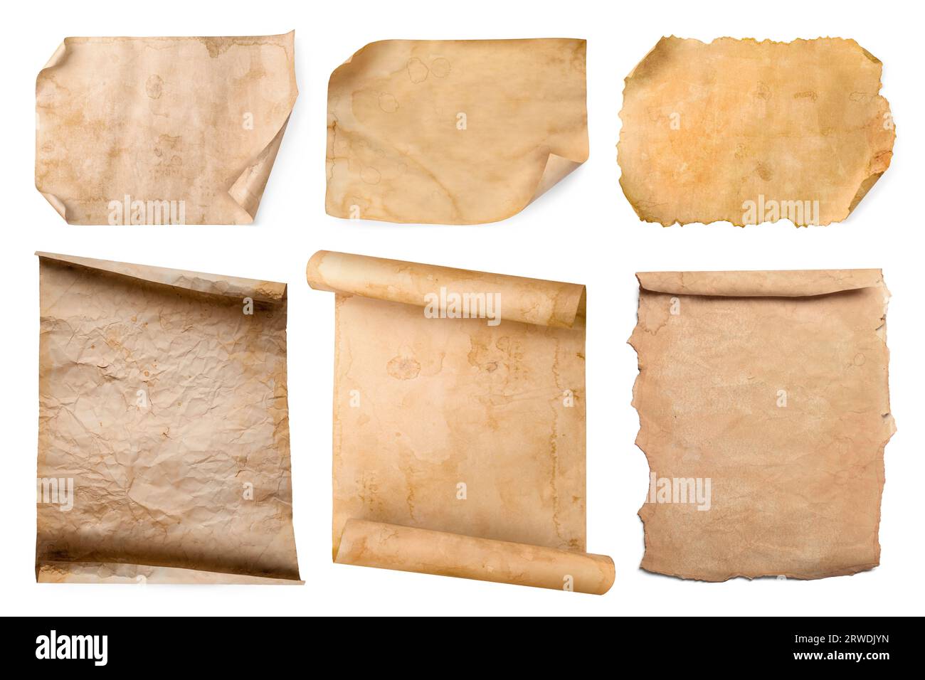 Set with parchments isolated on white. Aged sheets of paper Stock Photo ...