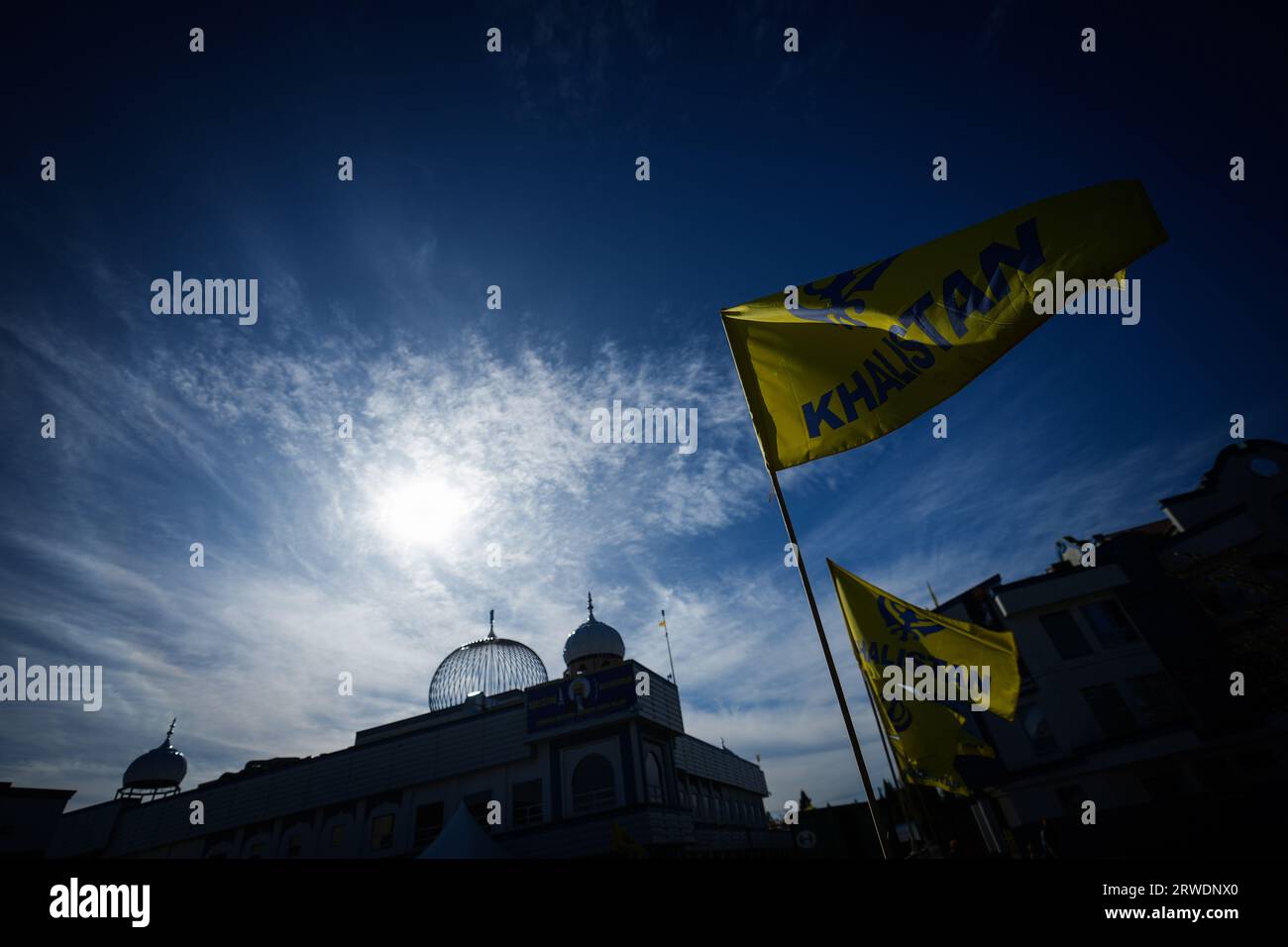 Surrey, Canada. 18th Sep, 2023. Khalistan flags are seen outside the ...
