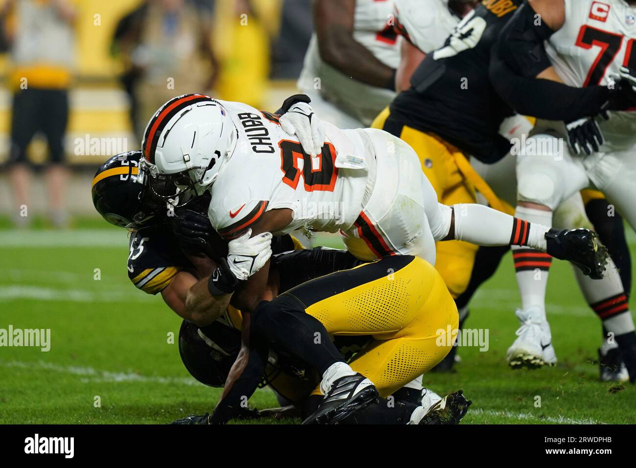 Cleveland Browns running back Nick Chubb is tackled by Pittsburgh ...