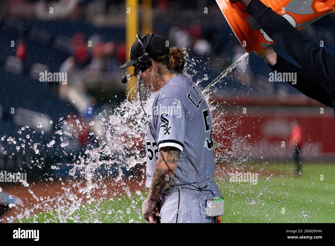 Chicago White Sox starting pitcher Mike Clevinger is doused after his ...