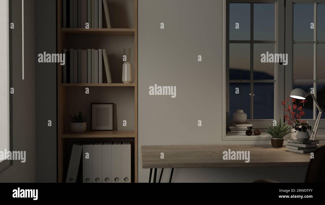 A copy space on a wooden tabletop in a modern contemporary home office ...