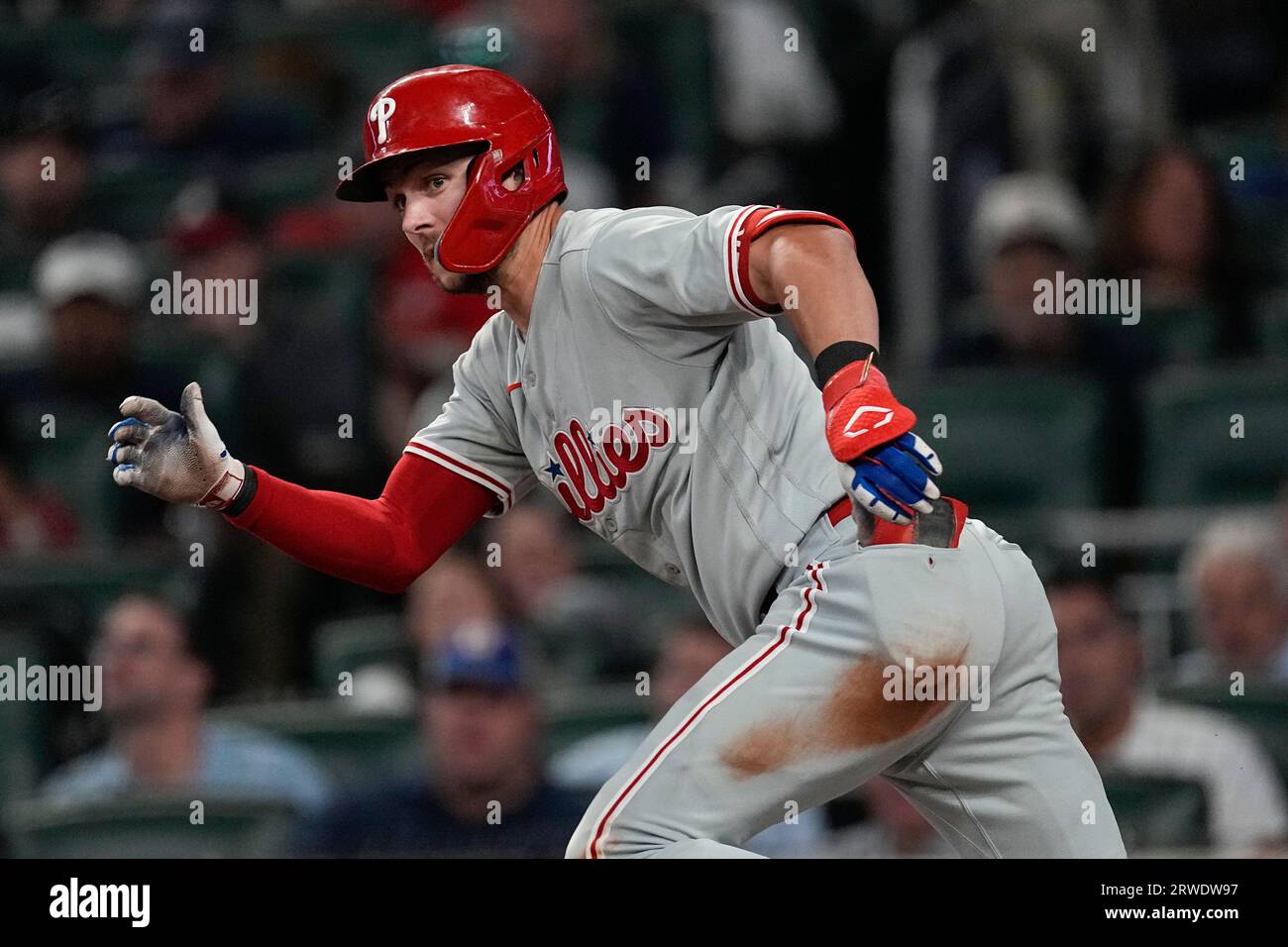 Philadelphia Phillies shortstop Trea Turner (7) runs to first on a ...