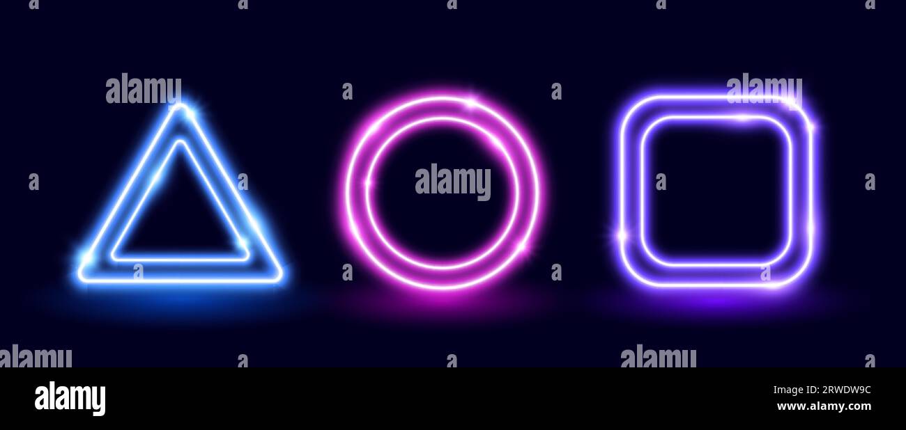 Neon blue glow frame set. Illuminated square, triangle, circle shapes ...