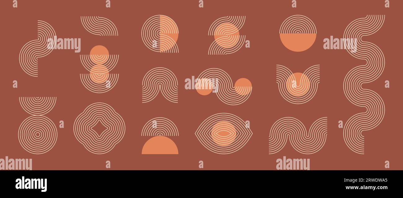 Boho style linear element collection. Terracotta wave forms frame design. Bohemian decorative ...