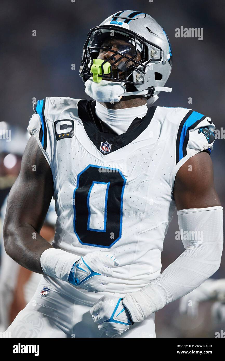 Carolina Panthers linebacker Brian Burns (0) celebrates after making a ...