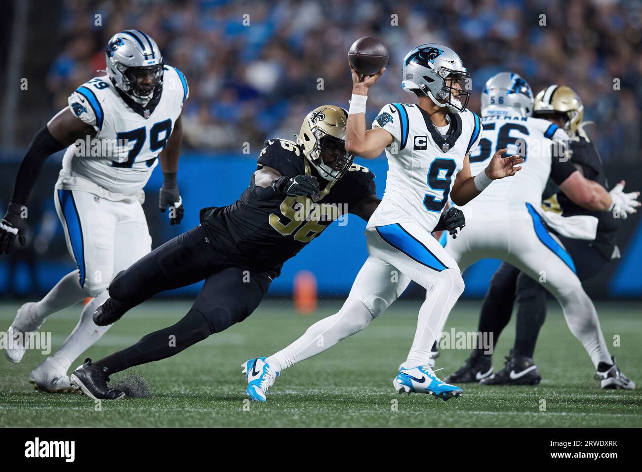 Carolina Panthers quarterback Bryce Young (9) passes the ball as he is ...