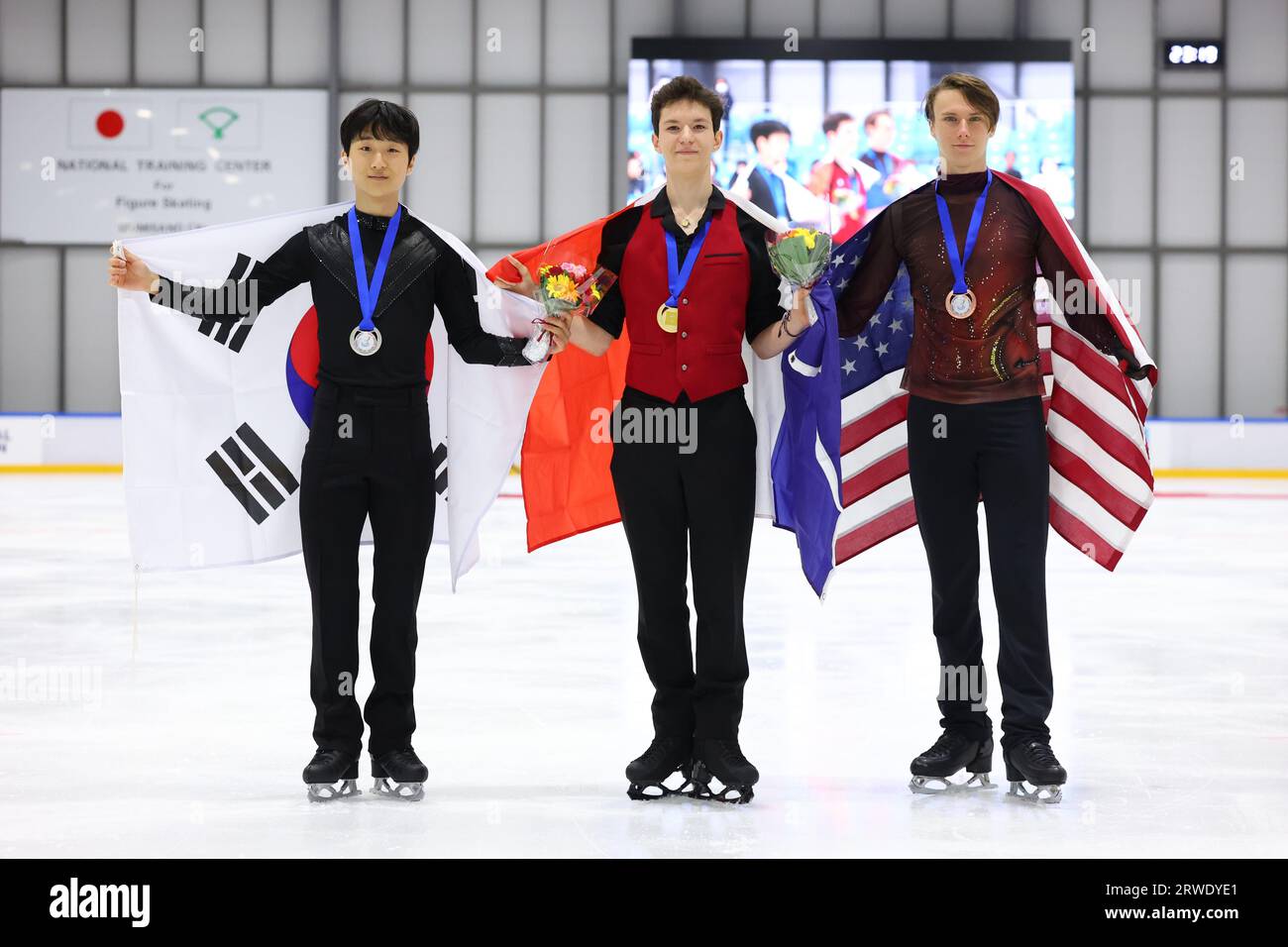 Osaka, Japan. 15th Sep, 2023. (L-R) Lim Juheon (KOR), Francois PITOT (FRA), Daniel MARTYNOV (USA ...