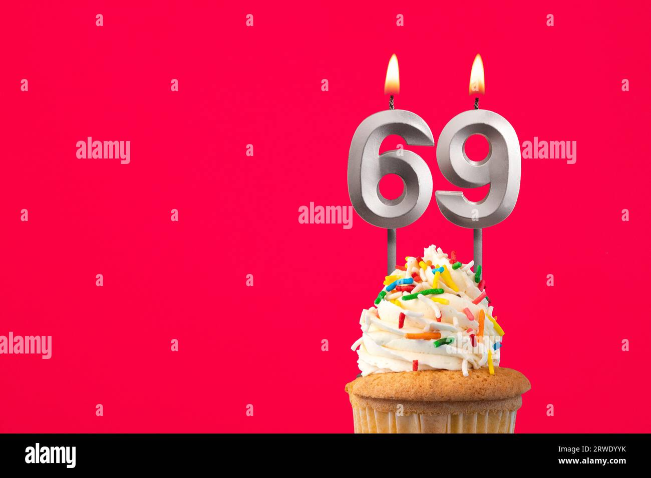 Horizontal birthday card with cake - Burning candle number 69 Stock ...