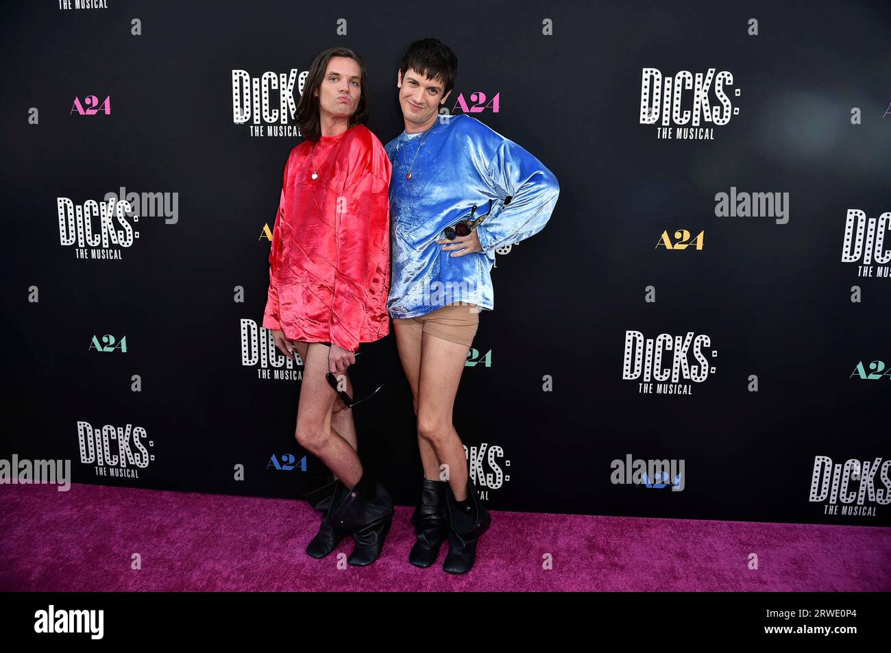 Aaron Jackson, left, and Josh Sharp arrive at the premiere of "Dicks: The Musical," Monday, Sept ...