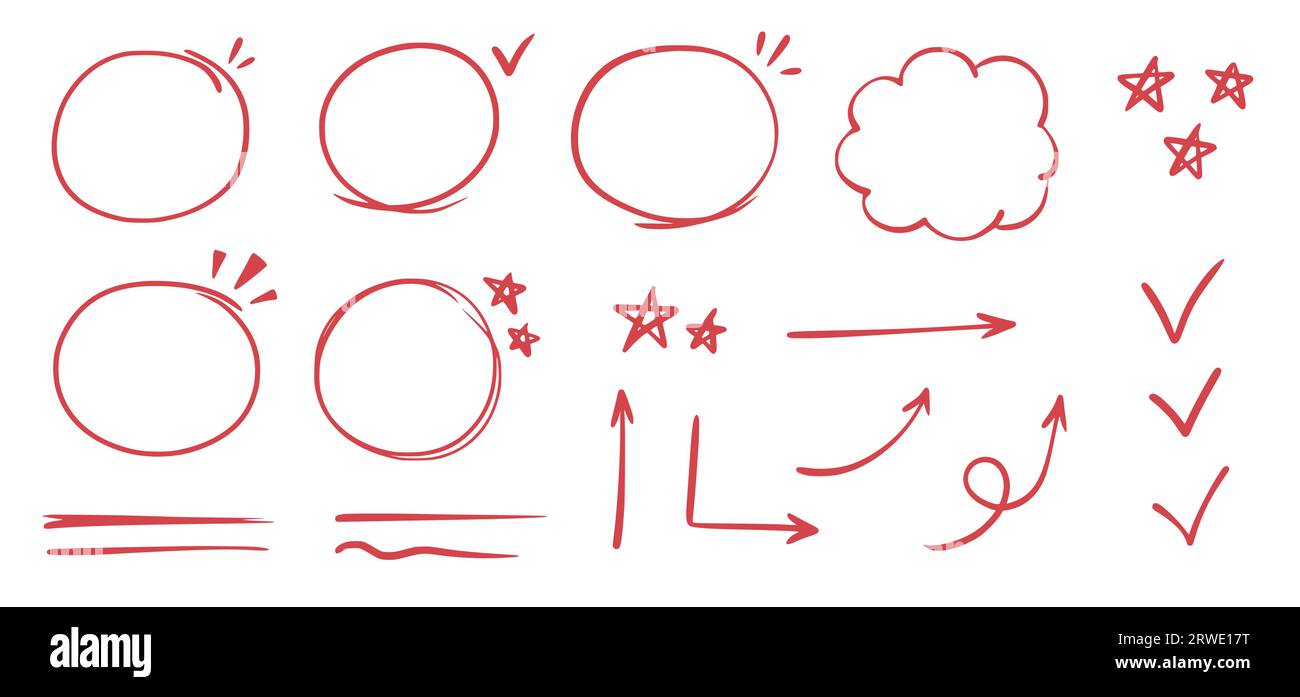 Red line check mark, underline, circle. Hand drawn doodle sketch red ...