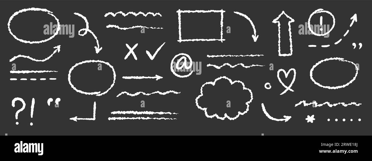 Chalkboard arrow, underline element vector set. Hand drawn sketch style ...