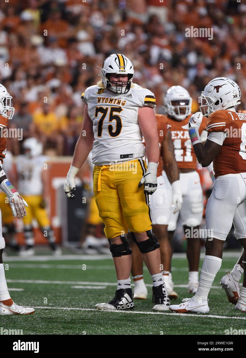 AUSTIN, TX - SEPTEMBER 16: Wyoming Cowboys lineman Frank Crum (75) gets ...