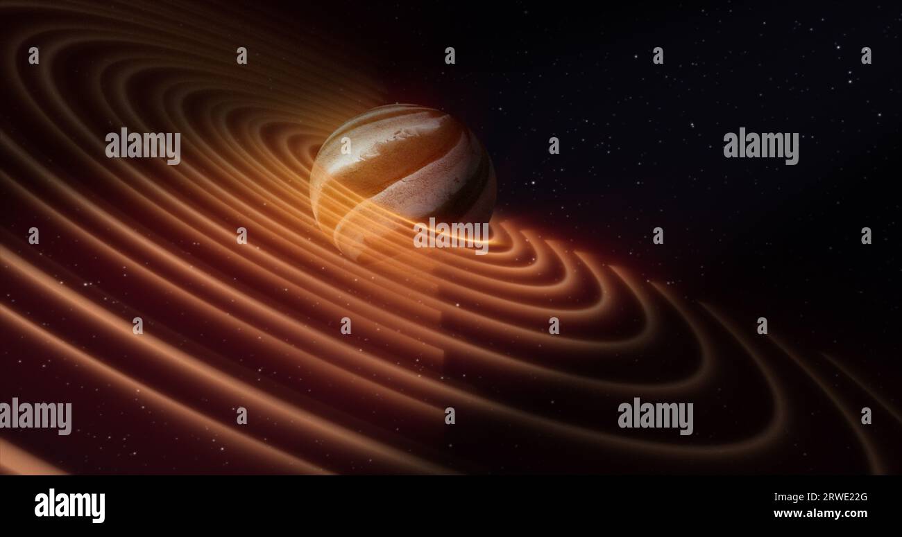 Abstract yellow brown space planet with a round asteroid belt ring ...