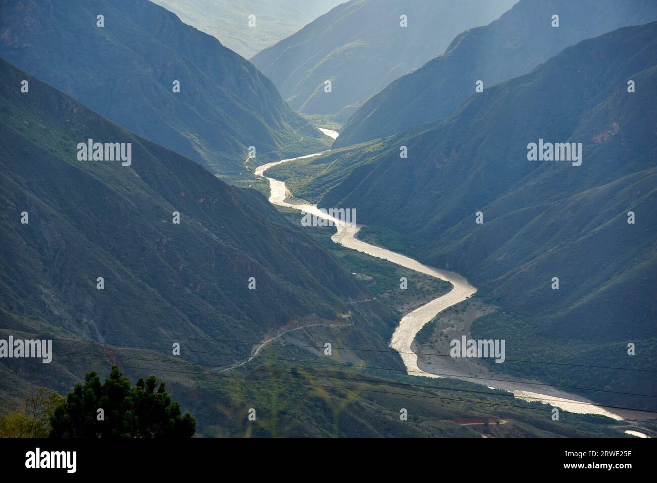 Chicamocha river flows through a canyon, mountainous Andean scenery in ...