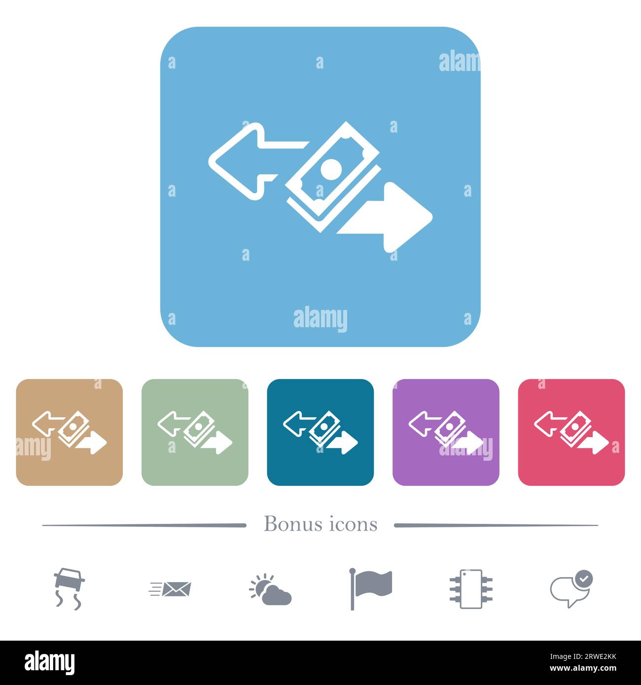 Money transactions white flat icons on color rounded square backgrounds ...