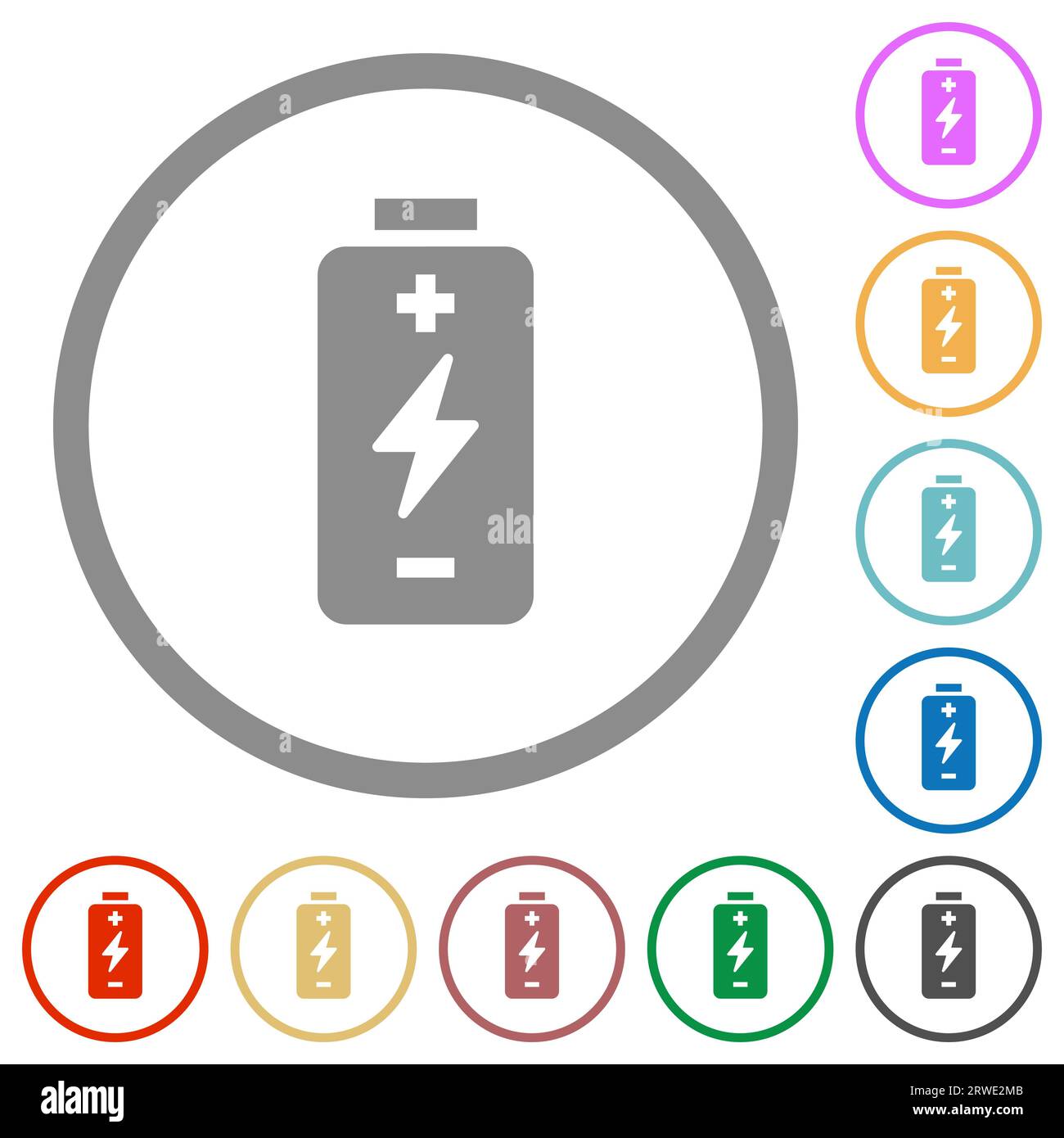 Battery with energy symbol flat color icons in round outlines on white ...