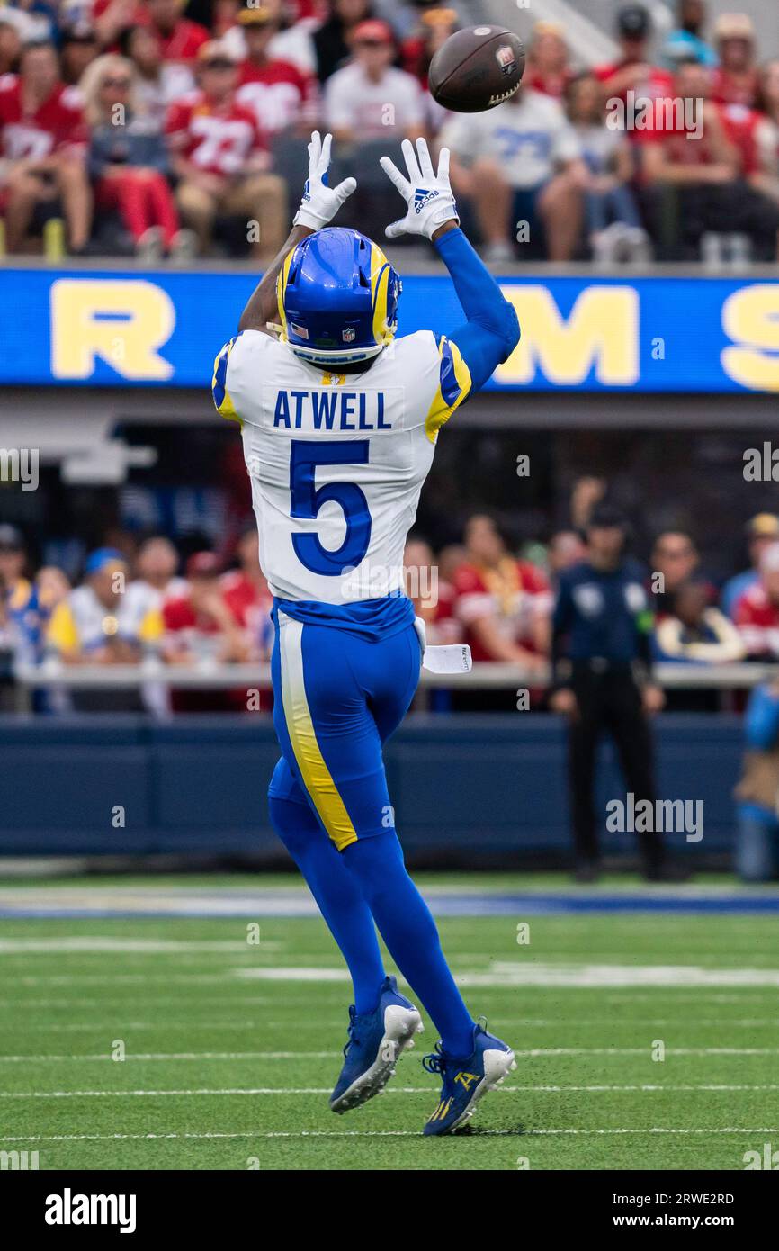 Los Angeles Rams wide receiver Tutu Atwell (5) makes a catch during a NFL game against the San ...