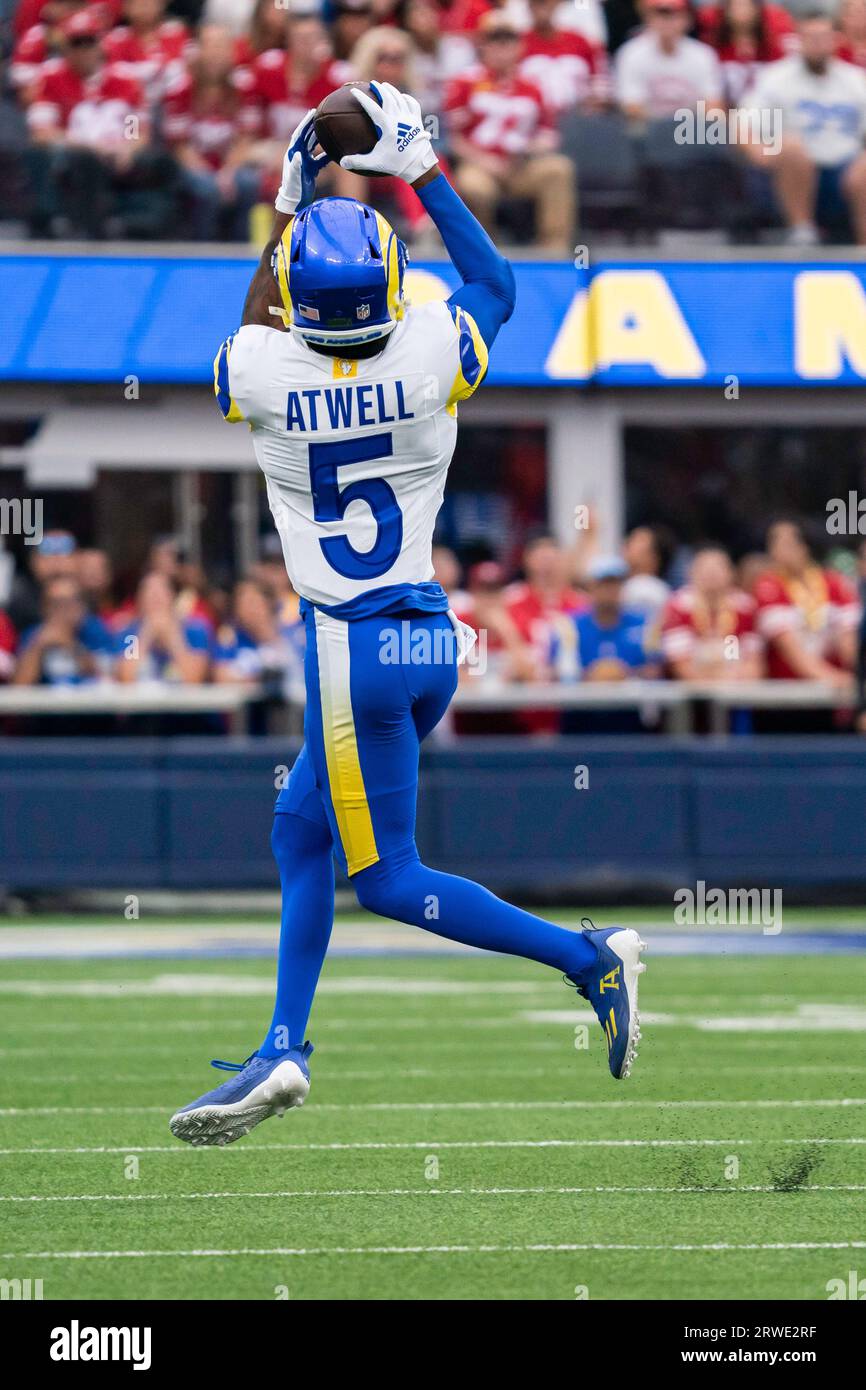Los Angeles Rams wide receiver Tutu Atwell (5) makes a catch during a NFL game against the San ...
