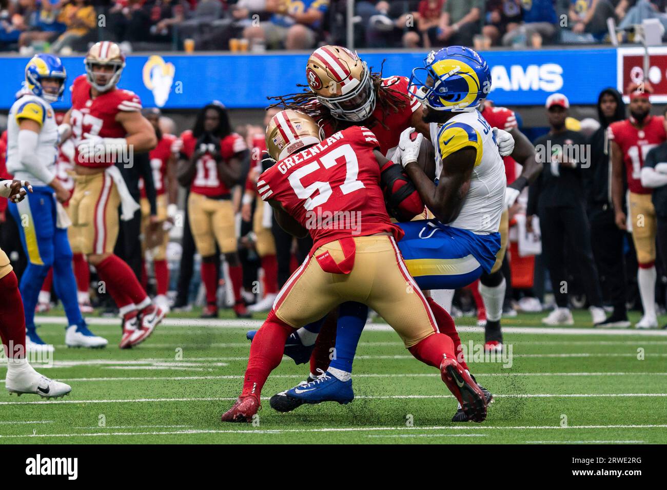 Los Angeles Rams wide receiver Van Jefferson (12) is tackled by San ...