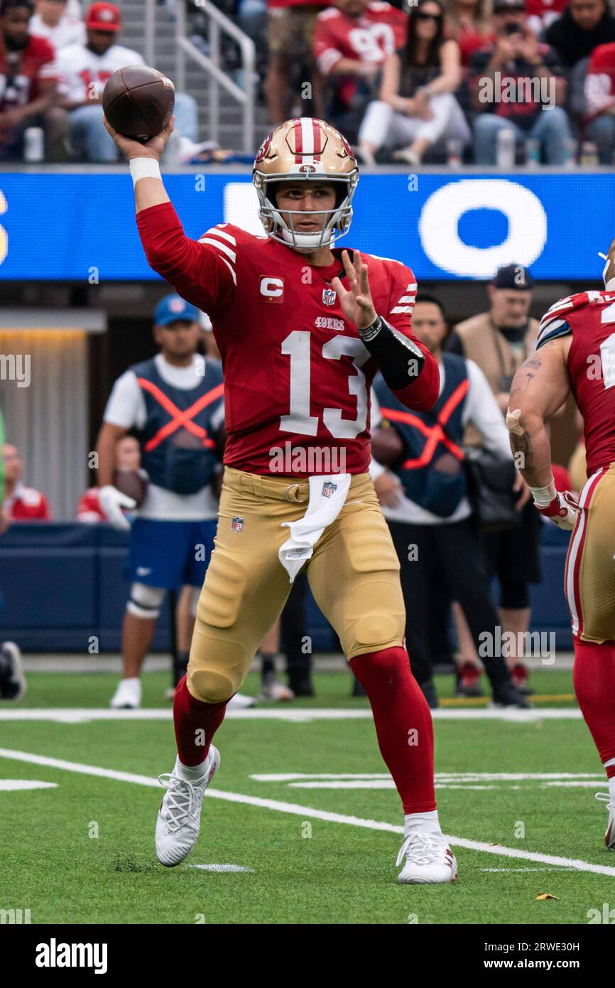 San Francisco 49ers quarterback Brock Purdy (13) throws a pass during a ...