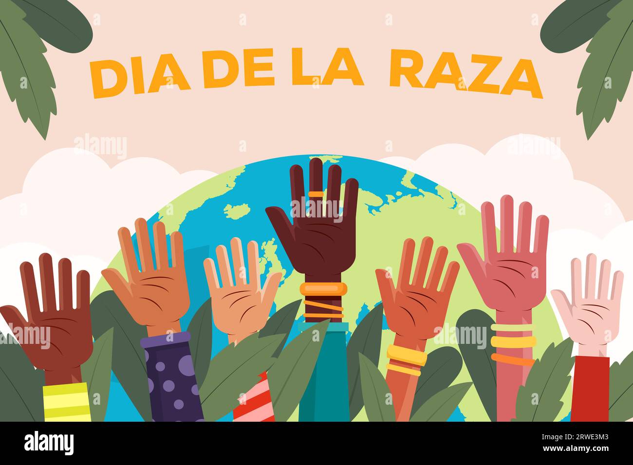 dia de la Raza background illustration with hands different skin tone ...