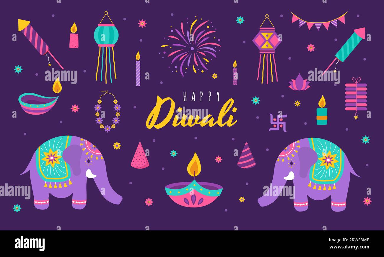 Diwali elements. Indian festival of lights icon set. Colorful deepavali ...