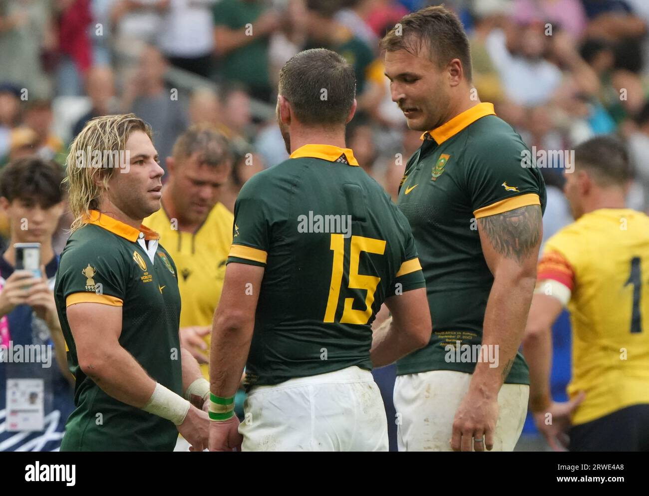 Bordeaux, France. 17th Sep, 2023. Faf DE KLERK, Willie LE ROUX and André ESTERHUIZEN of South ...