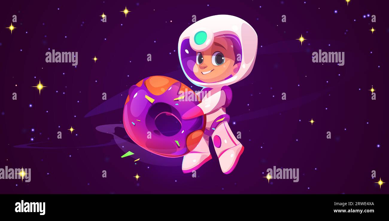 Cute kid boy astronaut flying in fantasy space and holding big donut ...