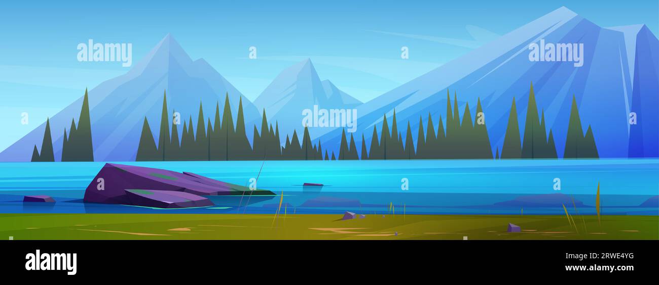 Mountain lake landscape. Vector cartoon illustration of evergreen fir ...