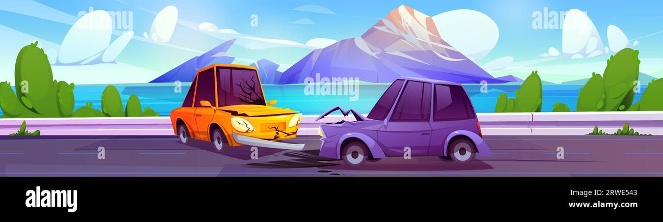 Car crash on mountain lake highway. Vector cartoon illustration of two ...