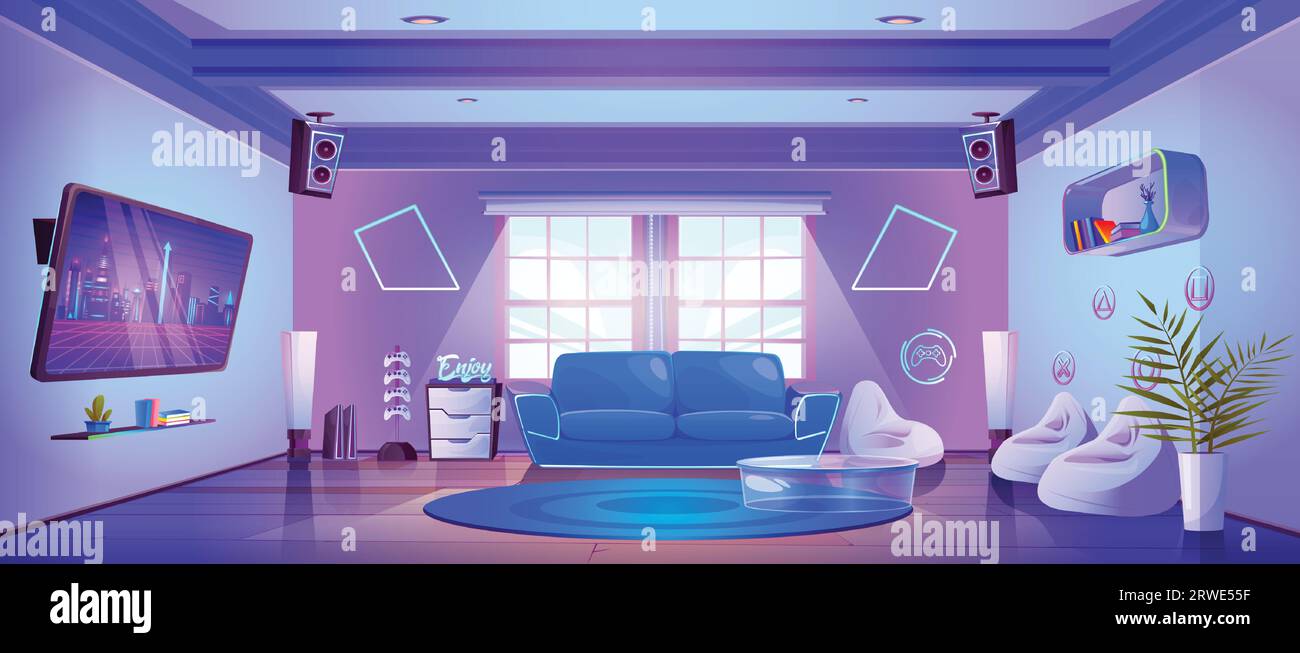 Gamer living room with furniture and gaming equipment. Vector cartoon ...