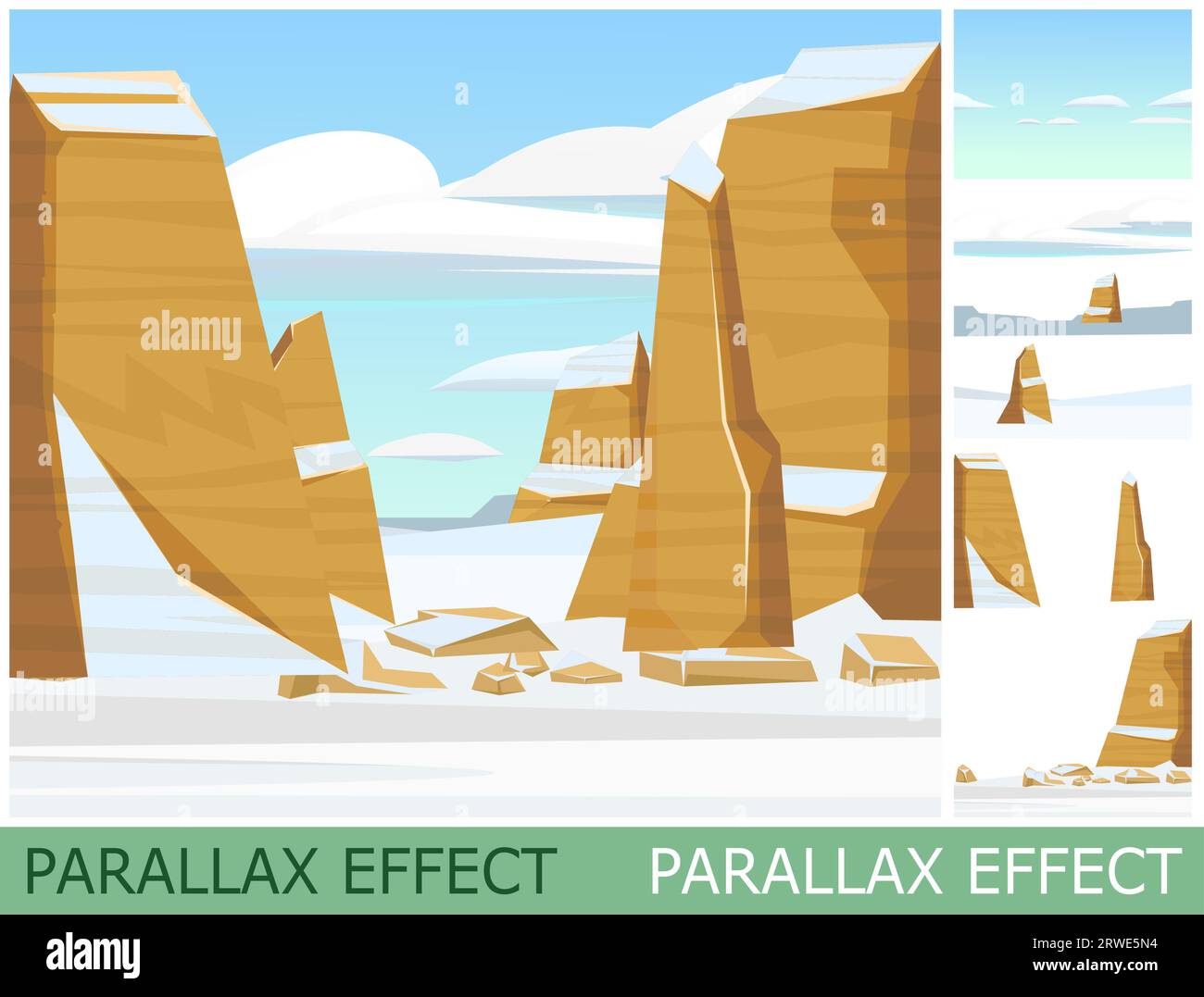Winter landscape desert. Rocks and snow. set of slides create parallax ...