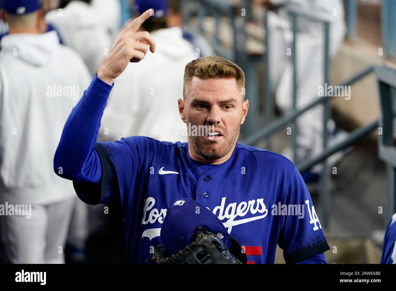 Los Angeles Dodgers first baseman Freddie Freeman gestures in the ...